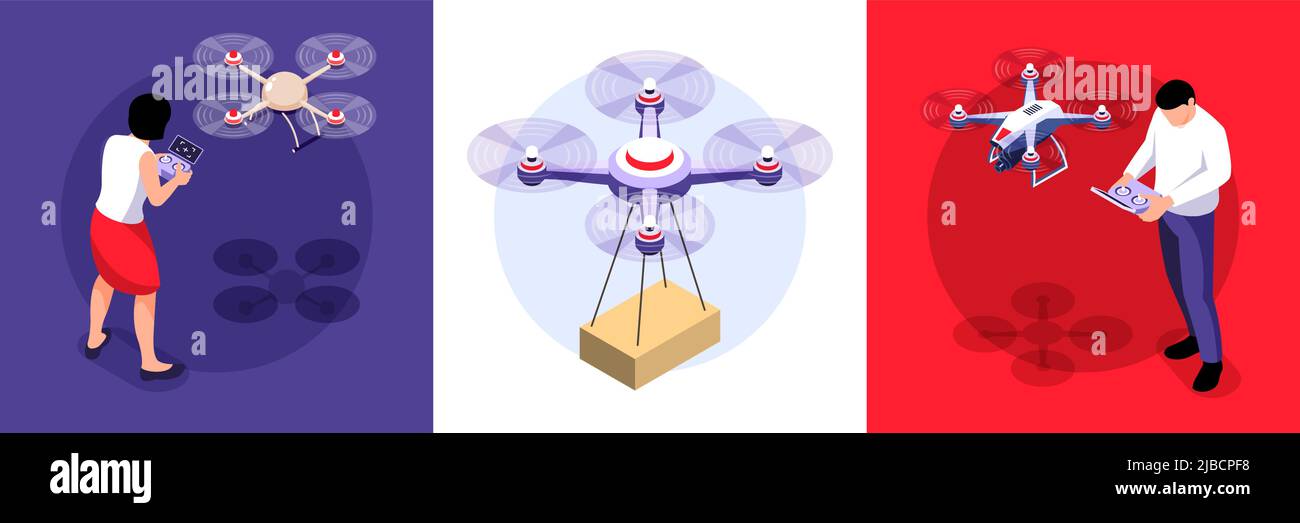 Isometric drone design concept with set of square compositions with ...
