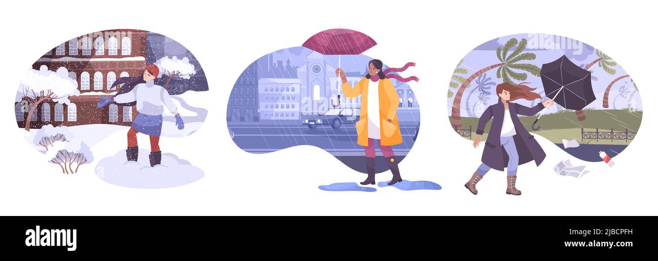 Set of weather compositions with human characters wearing seasonal ...