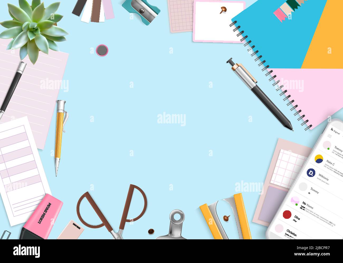 Office items background with organizer pen and houseplant realistic ...