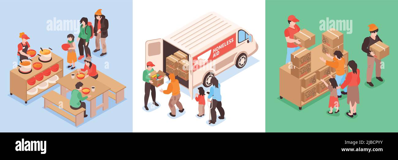 Humanitarian aid isometric design concept set of three square ...