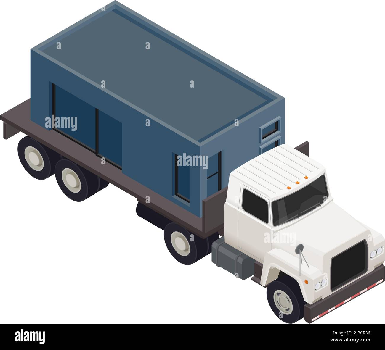 Modular Frame Building Isometric Composition With Isolated Image Of Truck Moving Section Of