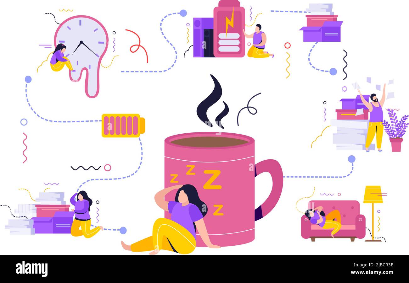 Fatigue flat composition with tired people with low energy unpacking ...