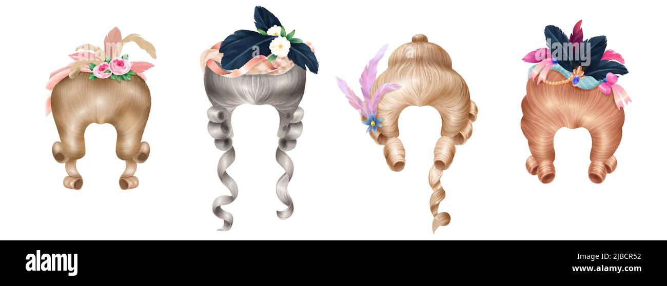 Rococo women fashion 18th century wigs styled with colorful flowers ...