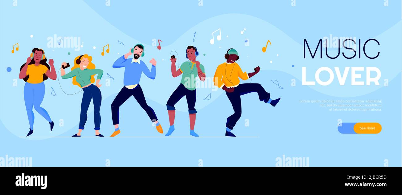 Music lover horizontal web banner illustrated dancing teens with ...
