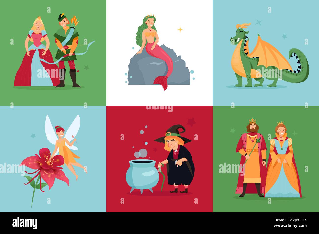Fairy tale characters design concept set of six color square icons with ...