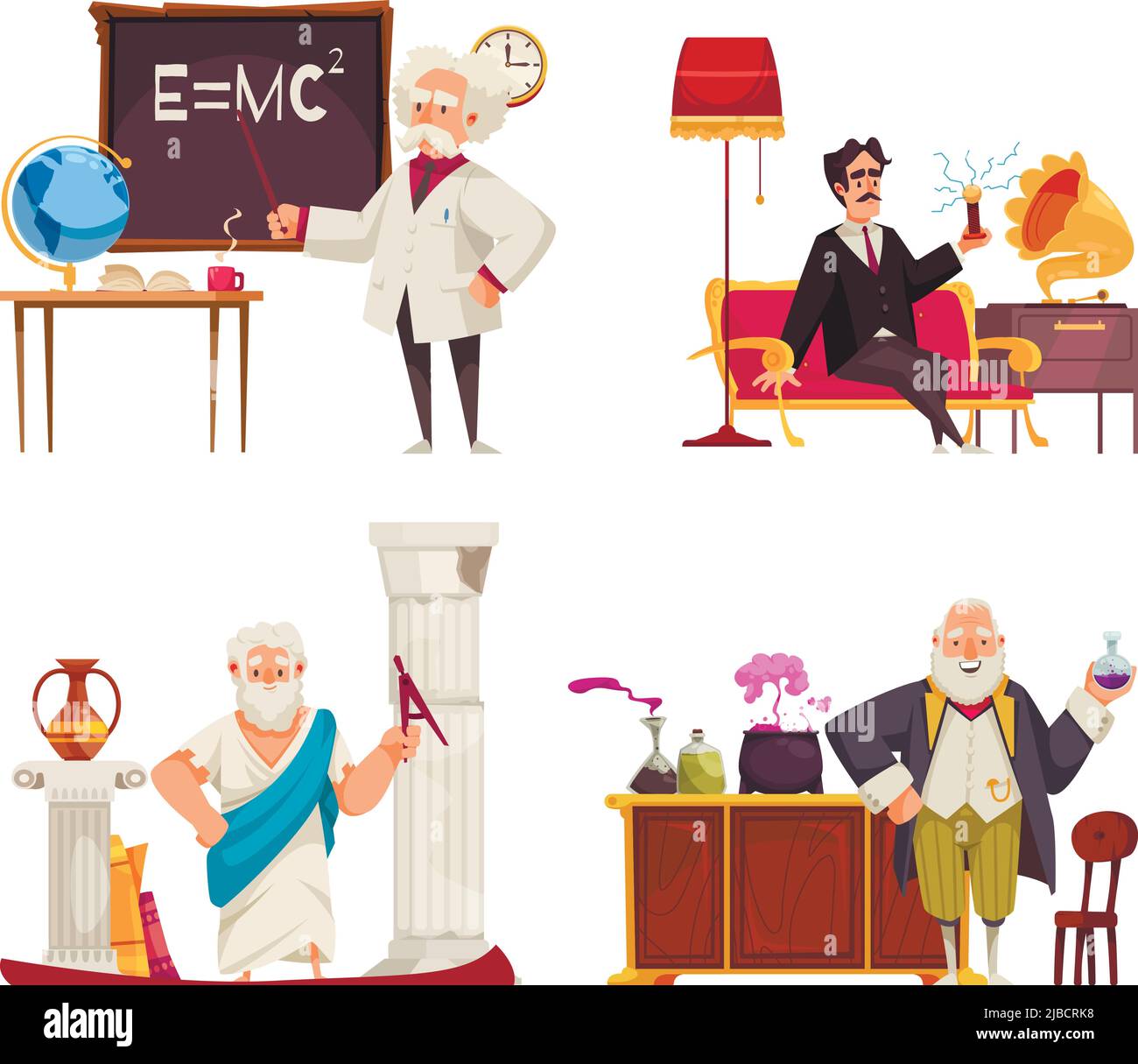 Set of four isolated compositions with doodle style human characters of ...