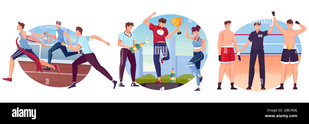 Winner set of three compositions with runners crossing finish line ...