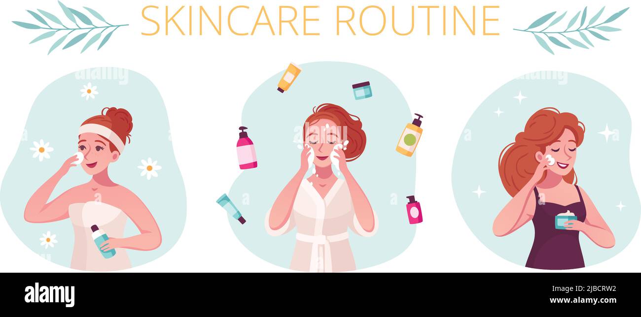 Skincare routine 3 cartoon compositions with woman using facial ...