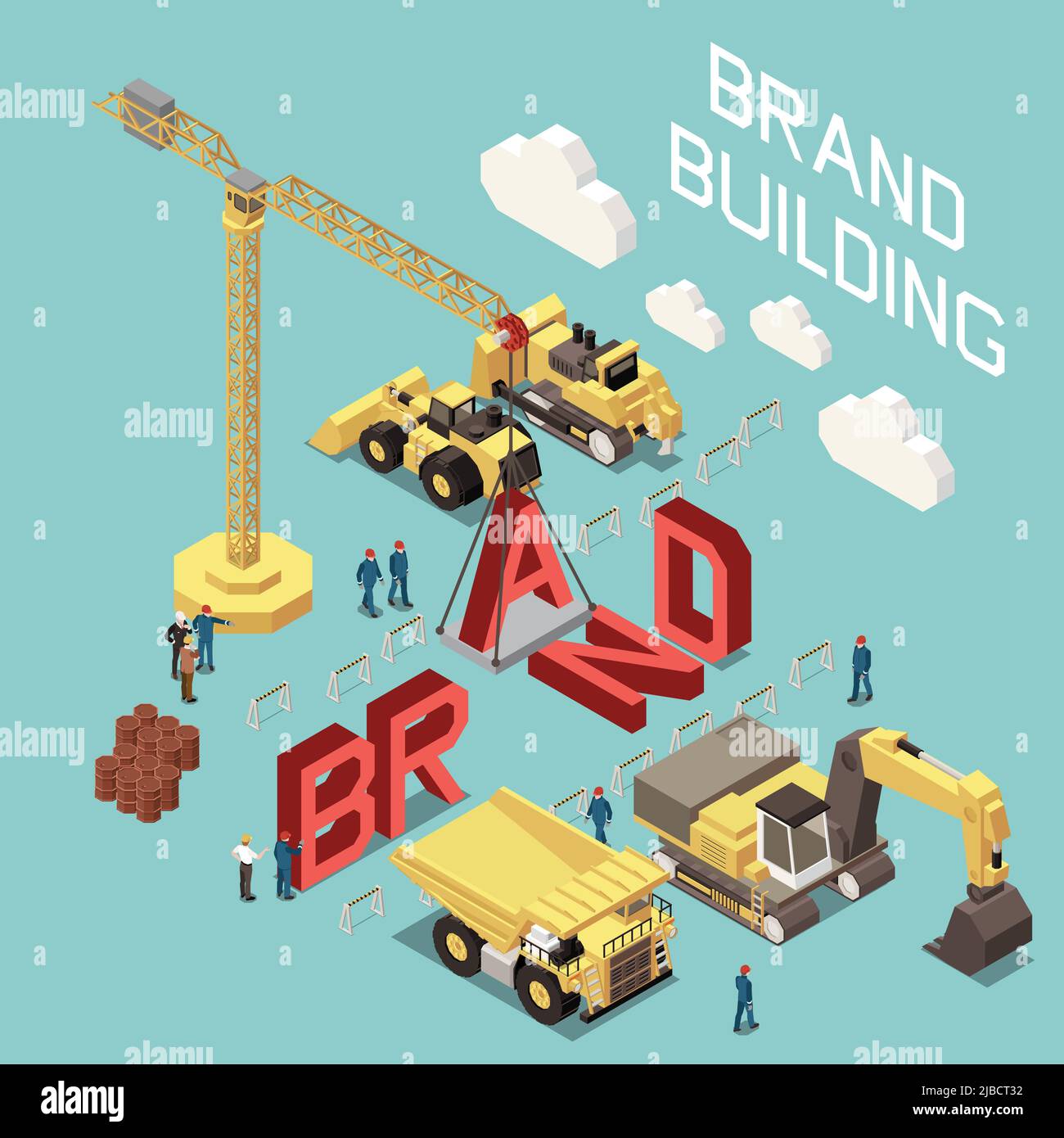Brand building isometric concept with machinery and people working on ...