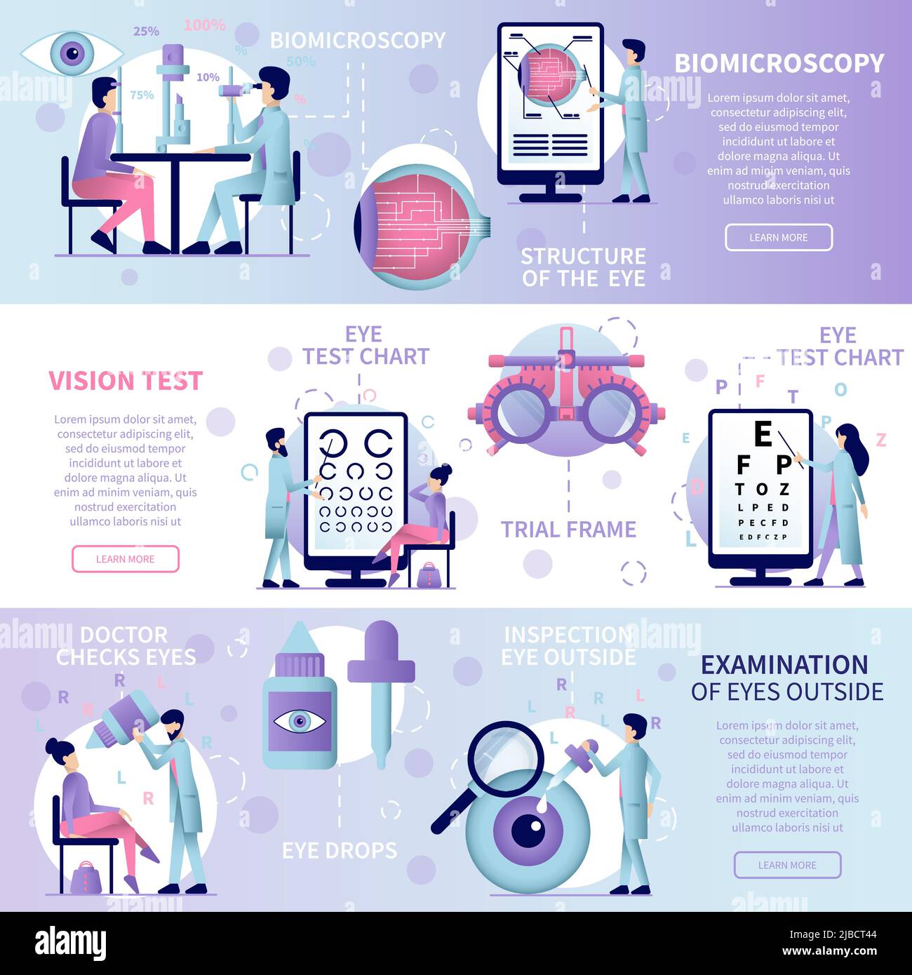 Ophthalmology flat set of horizontal banners with editable text ...