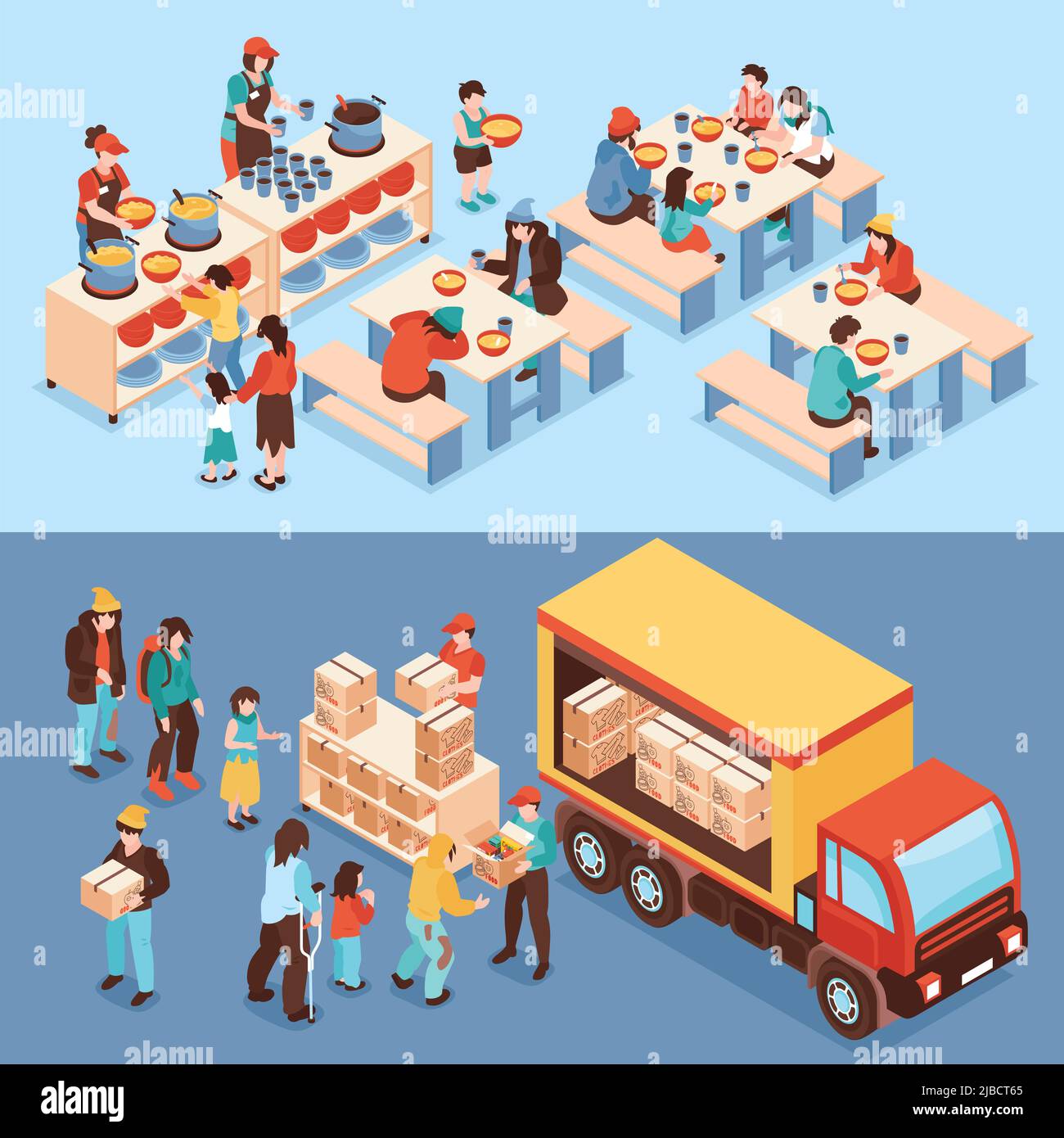 Humanitarian support horizontal banners with volunteers distributing ...