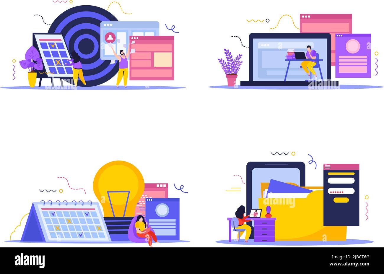 Business space flat 4x1 compositions with conceptual icons of lamp ...