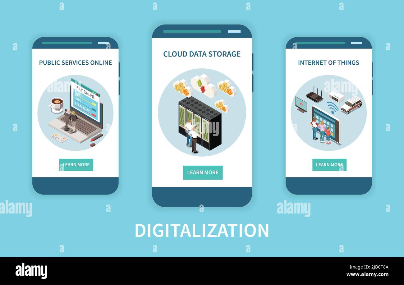 Digitization concept 3d banners with online public services and cloud ...