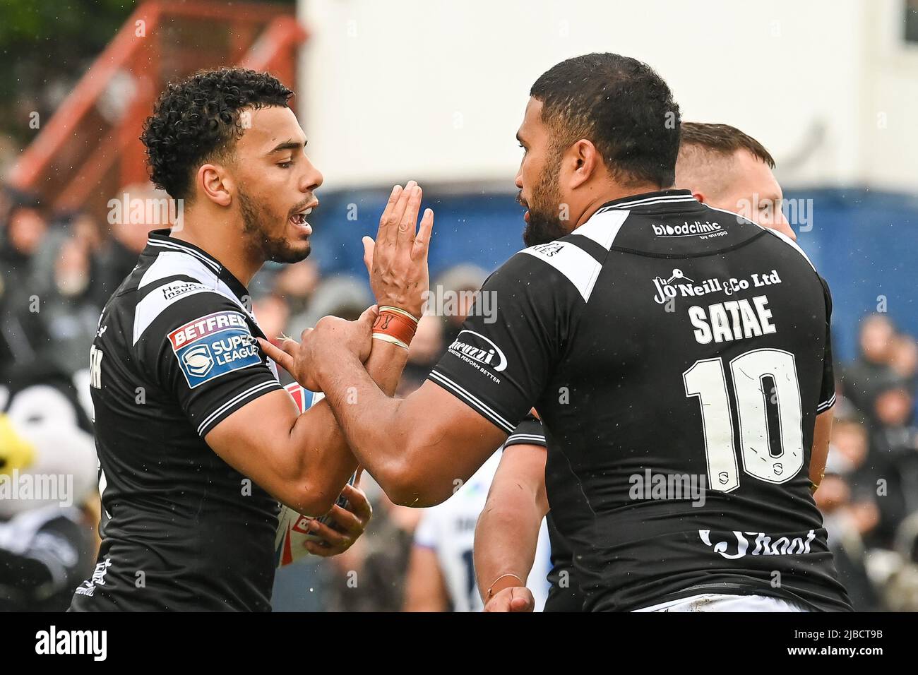 Darnell McIntosh (5) of Hull FC celebrates his try in , on 6/5/2022 ...