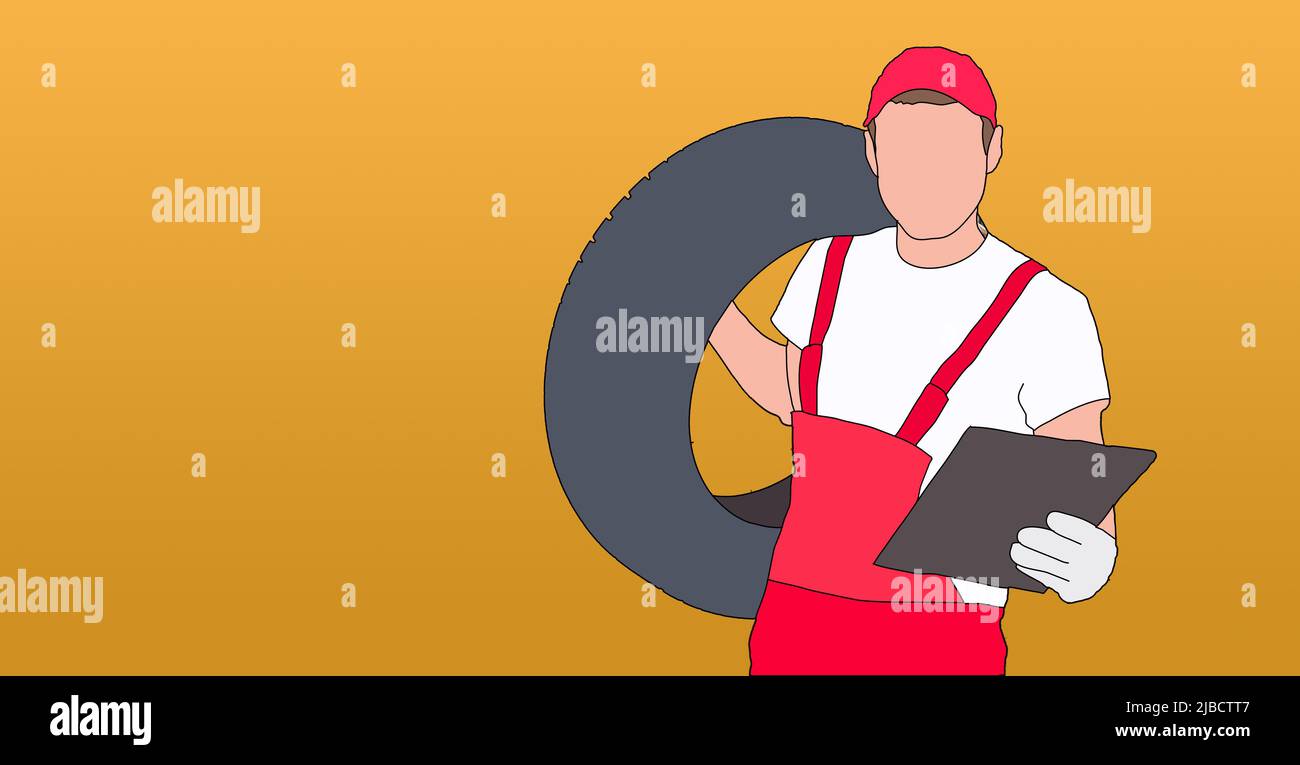 male mechanic holding a wrench and wheel, cartoon character, car tire ...