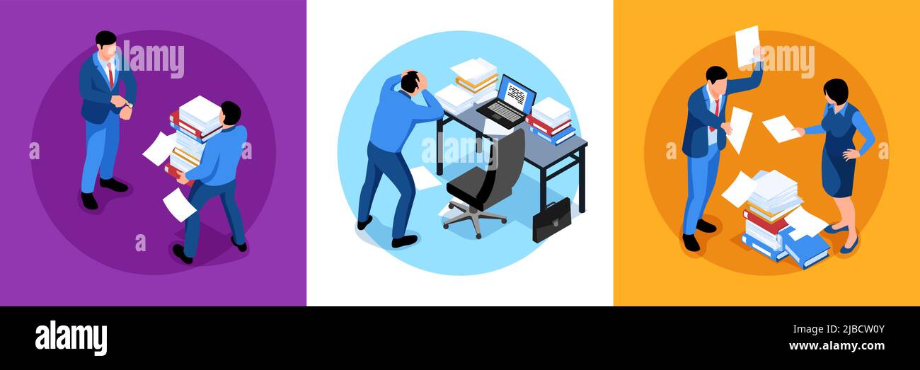Isometric unorganized office work design concept with round ...