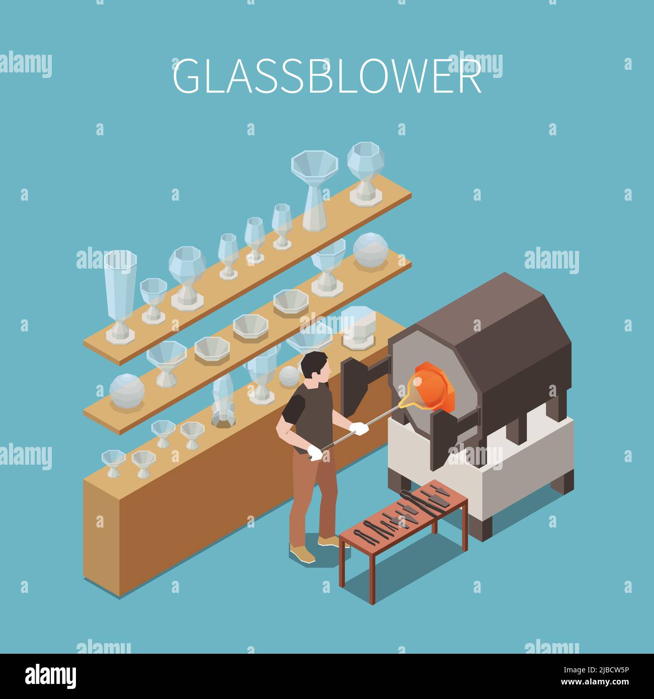 Glass production isometric composition with view of glassblower at oven ...