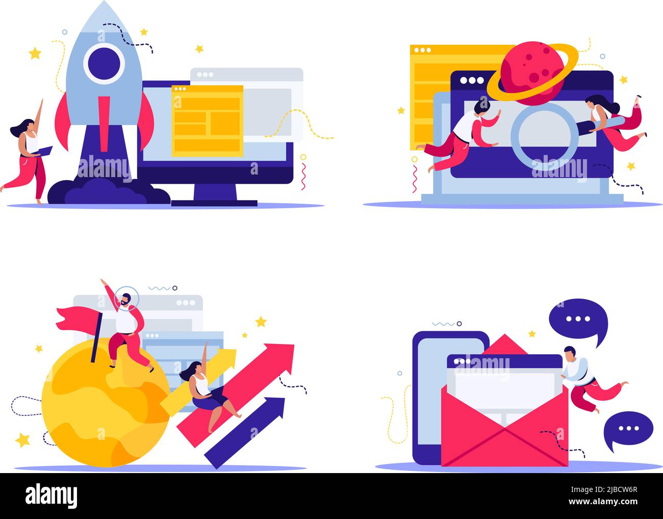 Startup flat set of four isolated compositions with flying people in ...