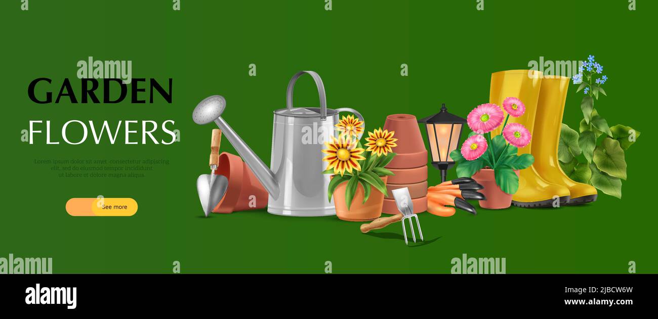 Realistic garden horizontal banner with editable text see more button ...