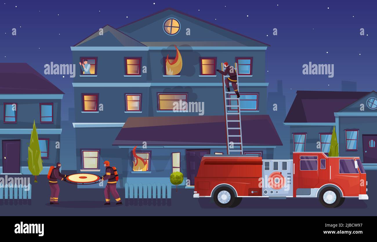 Firefighters flat composition with outdoor urban landscape and burning ...