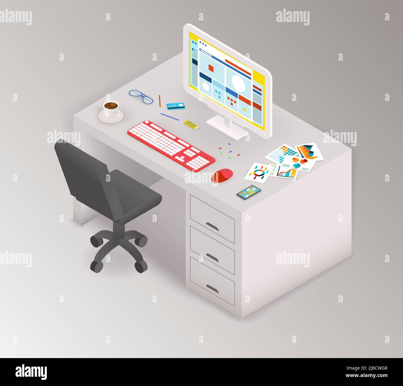 Creative office isometric workspace. Computer and workplace, desk and ...