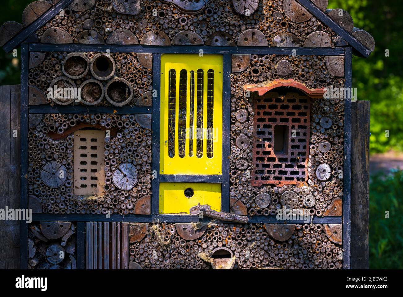 Man-made insect hotel in a green forest and flowers. A structure ...