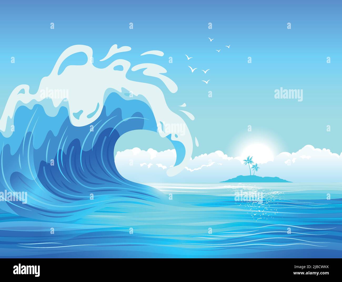 Big ocean wave with tropical island on background flat vector ...