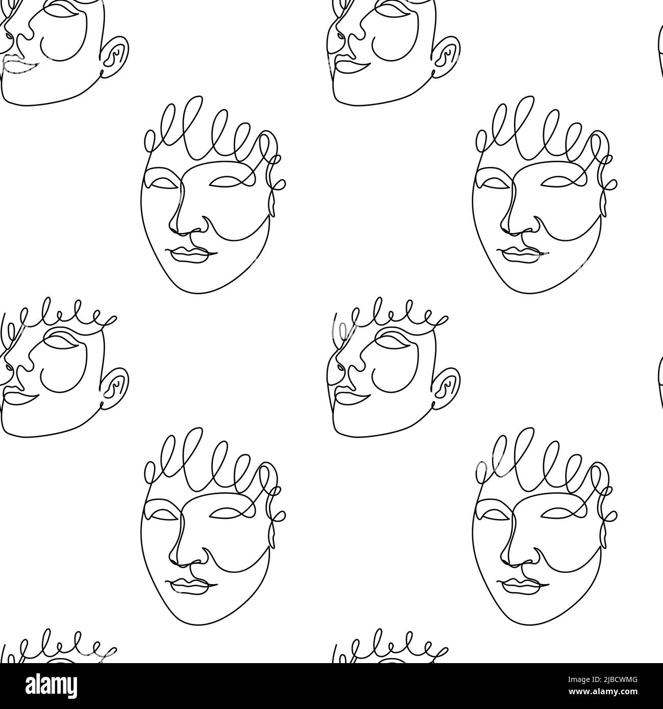 Seamless pattern with black one single line drawings of female faces ...