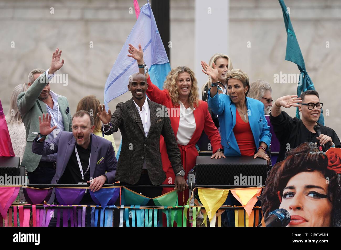 (left to right) Chris McCausland, Sir Mo Farah, Sally Gunnell, Dame ...