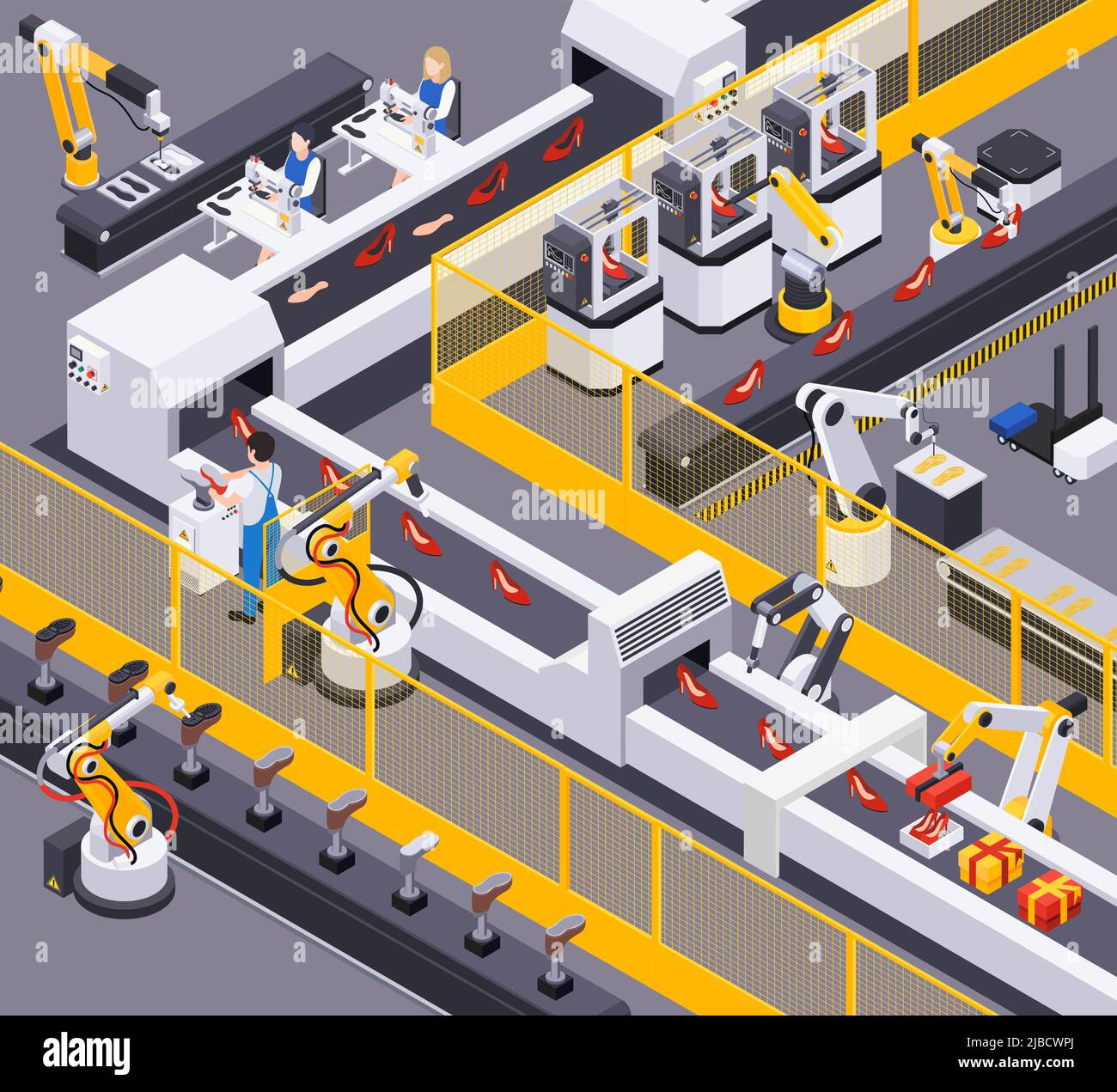 Footwear shoes production isometric composition with view of industrial ...