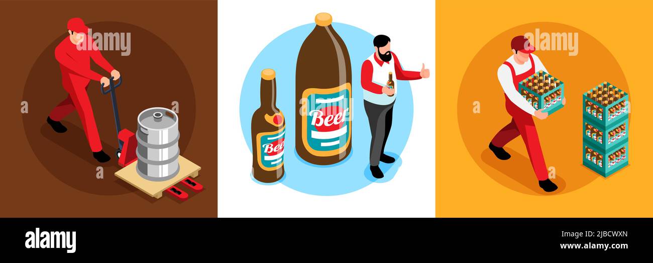 Brewery production consumption concept 3 isometric compositions workers ...