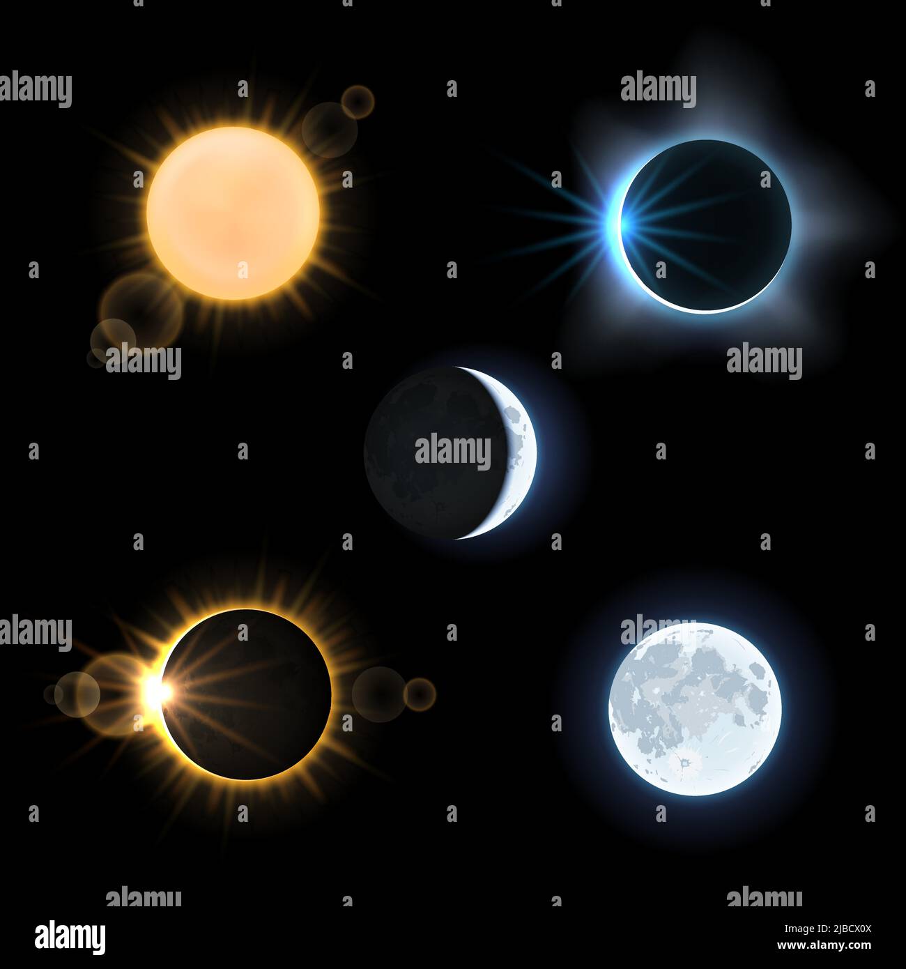 Sun and moon and suns and moons eclipse. Astronomy sky, vector ...