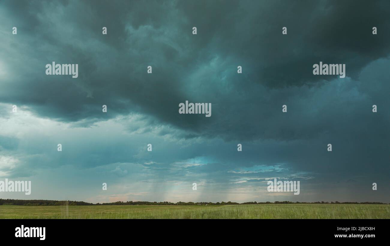 4K Sky During Rain Horizon Above Rural Wheat Landscape Field ...