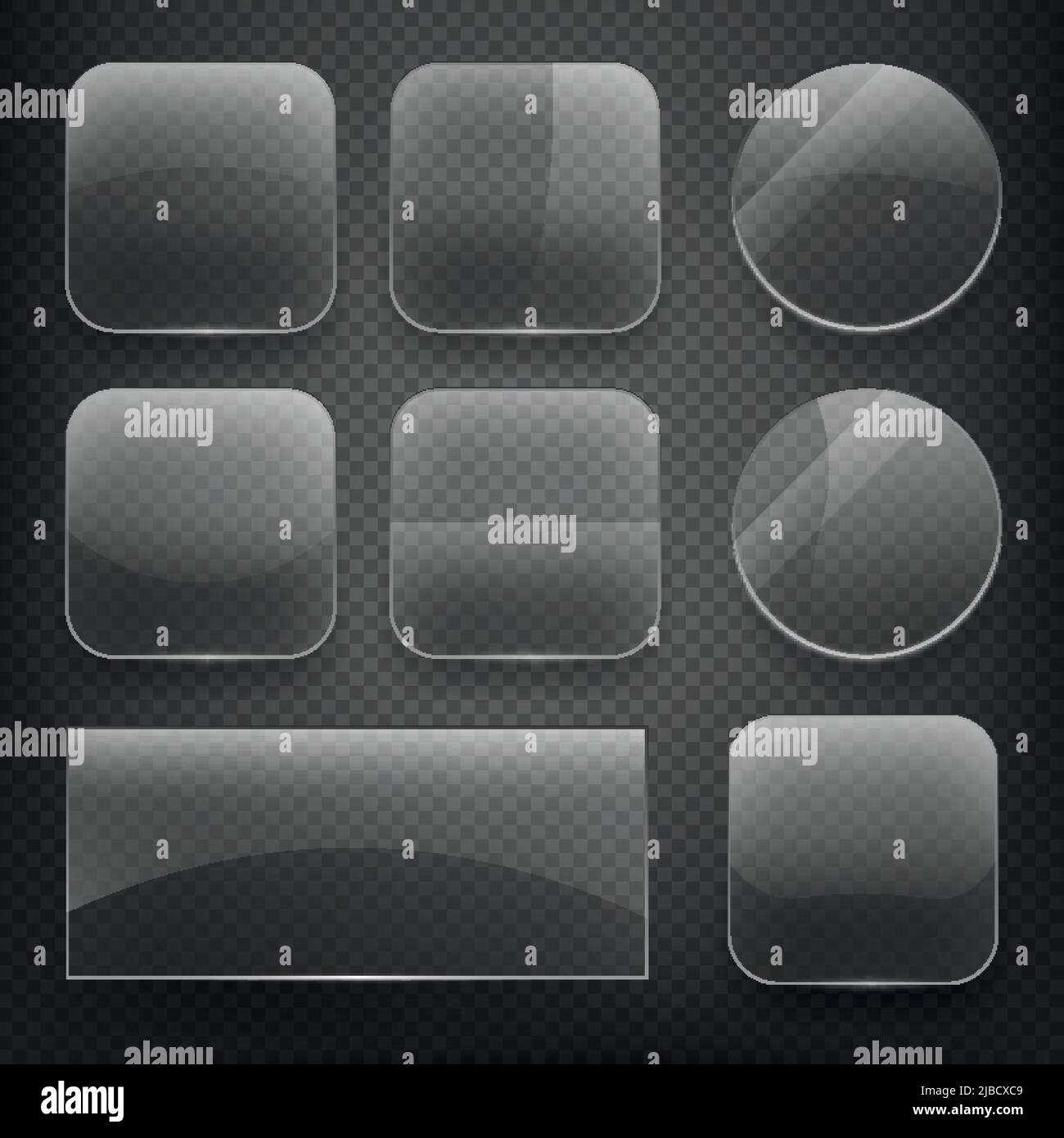 Glass square, rectangular and round buttons on checkered background ...