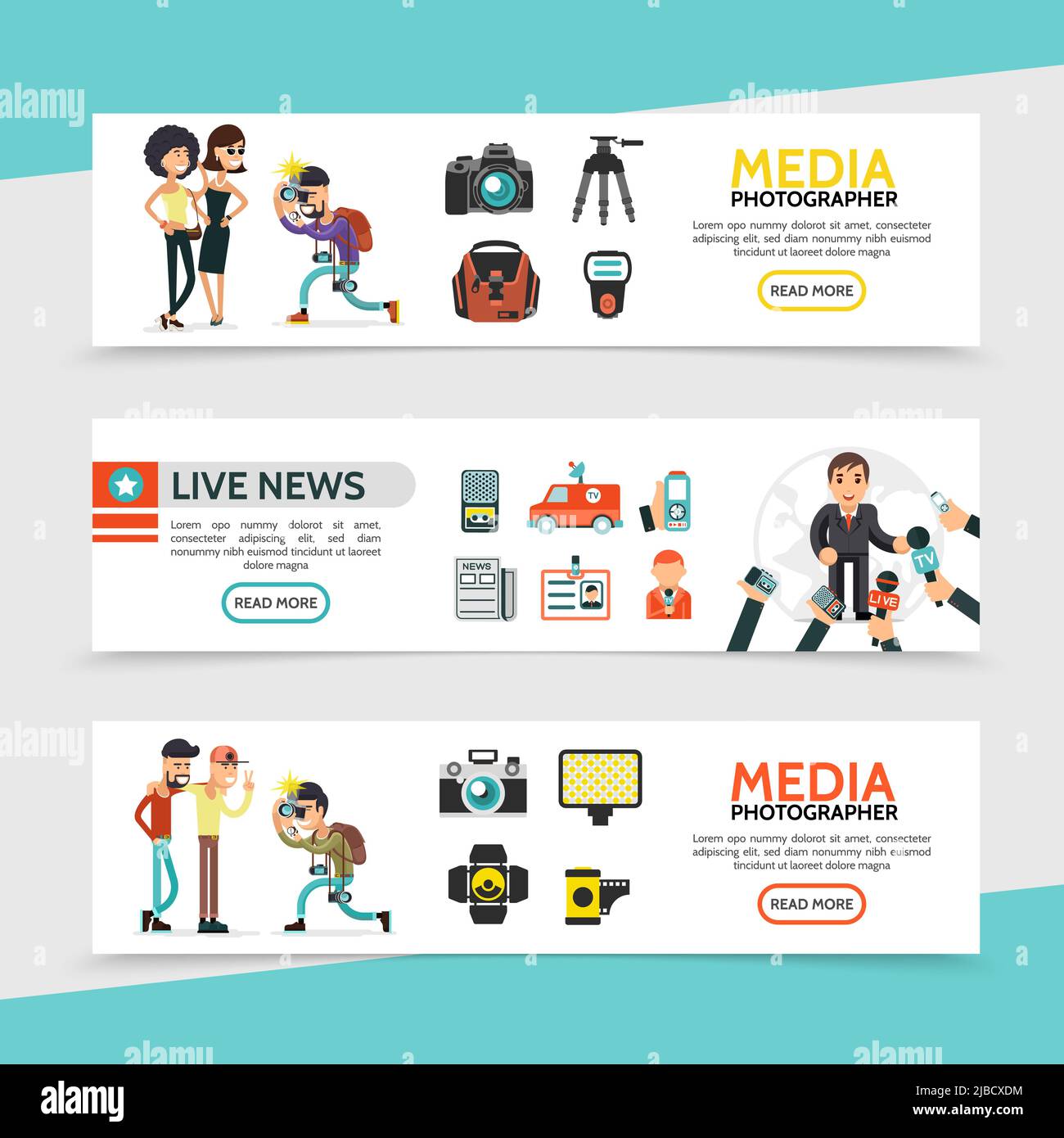 Flat mass media horizontal banners with reporter paparazzi photographer ...