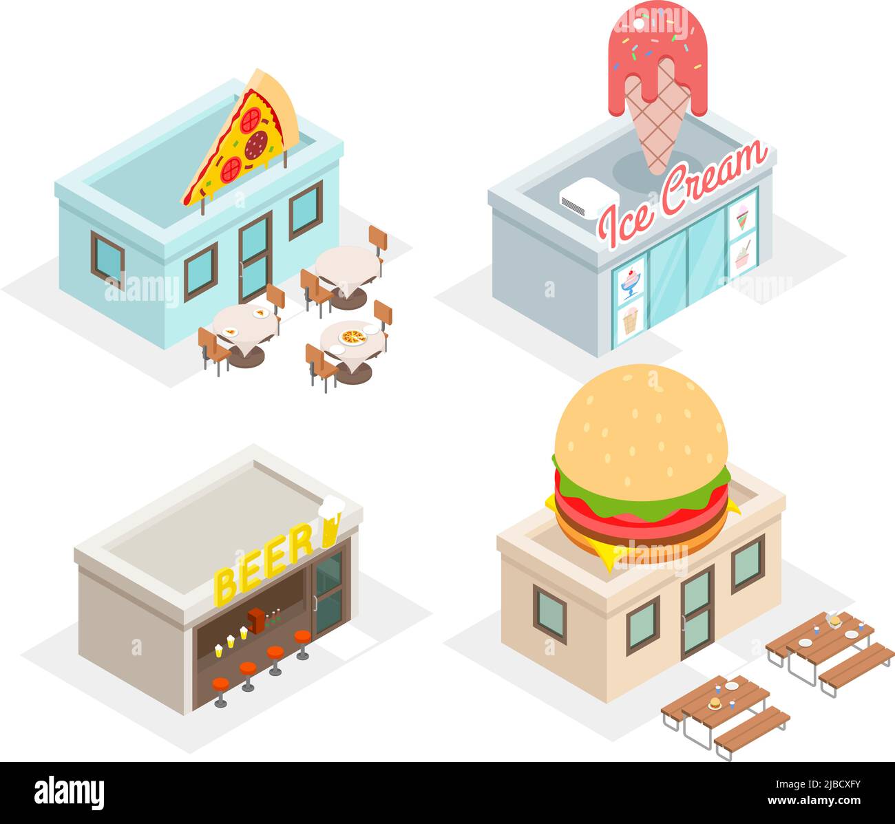 Restaurant, cafes and fast food shop icons. Beer and fastfood, pizzeria ...