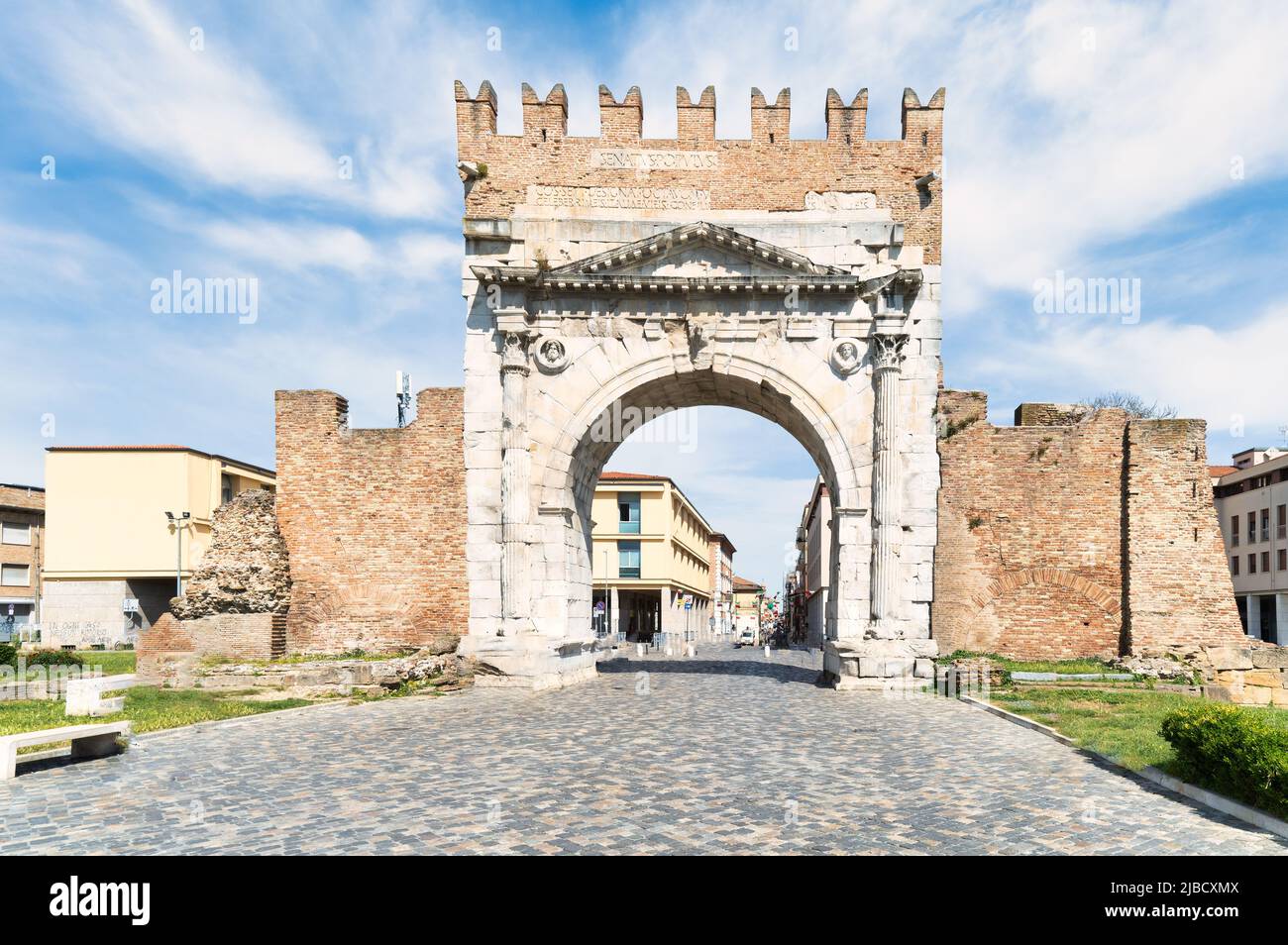 Frontal part of the ancient Roman arch of Sugusto in Rimini Stock Photo ...