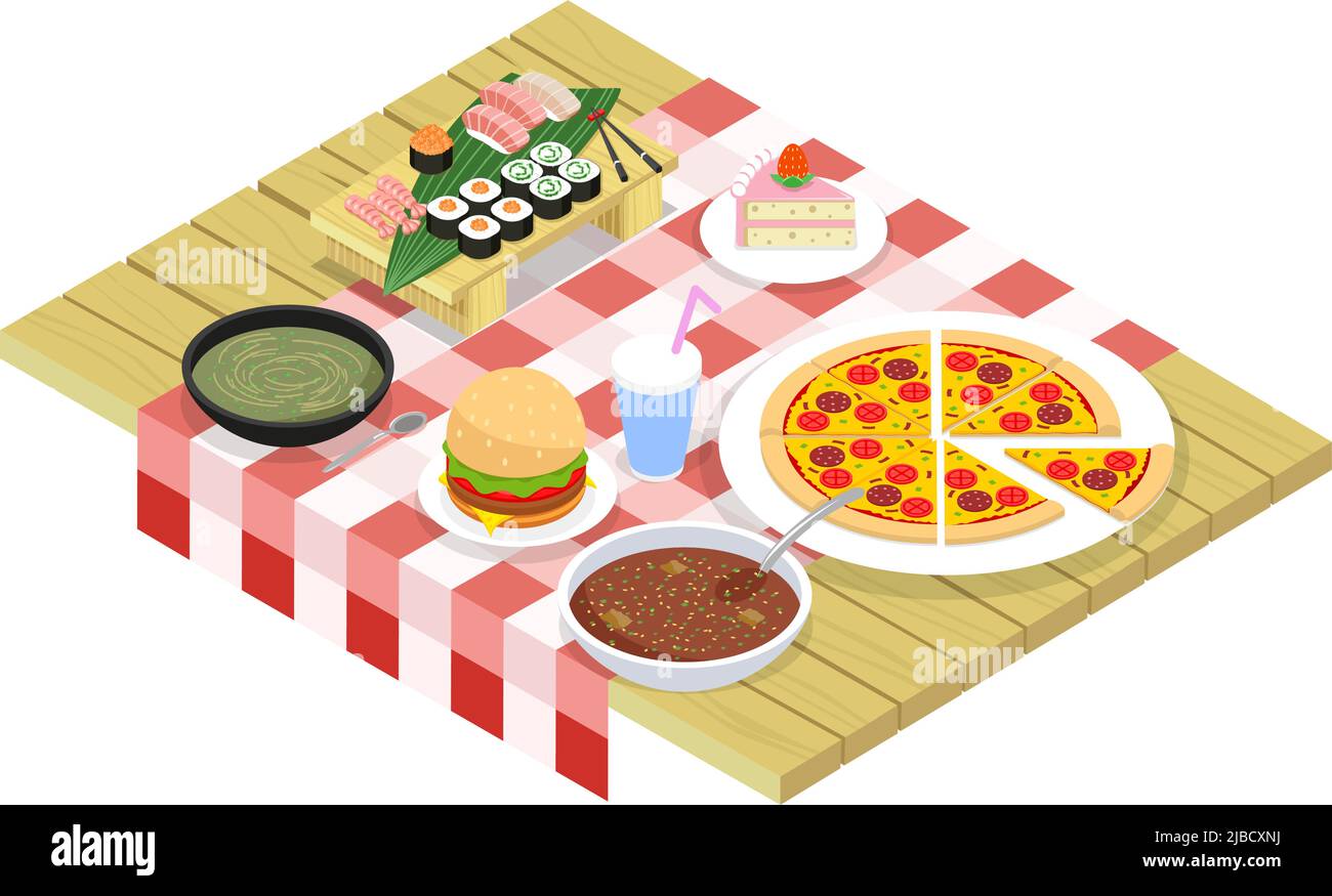 Food isometric icons on table. Dessert sweet, beverage and snack ...