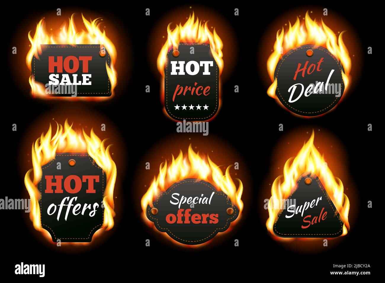 Vector fire labels set. Price and sale, deal and offer, special tag or ...