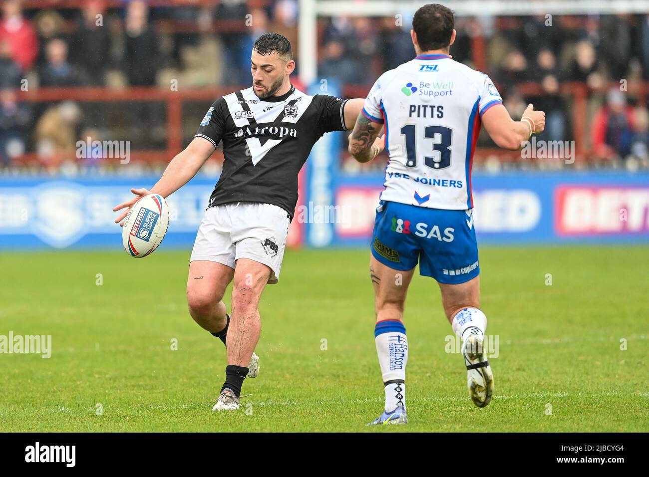 Jake Connor (1) of Hull FC put up a kick in , on 6/5/2022. (Photo by ...