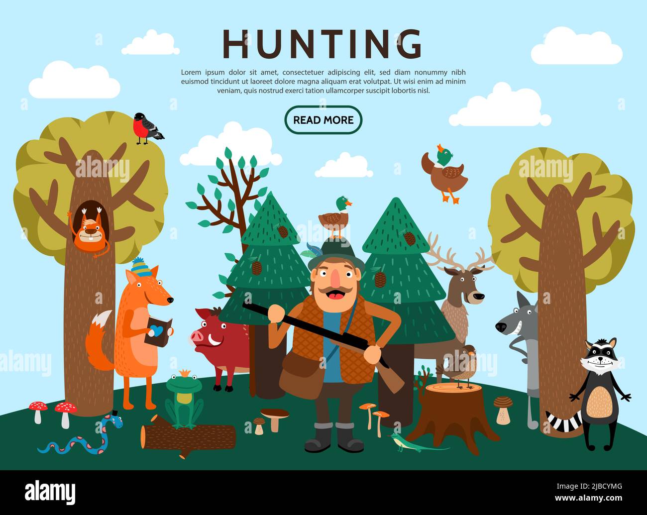 Flat hunting concept with hunter holding gun fox frog wolf wild boar ...