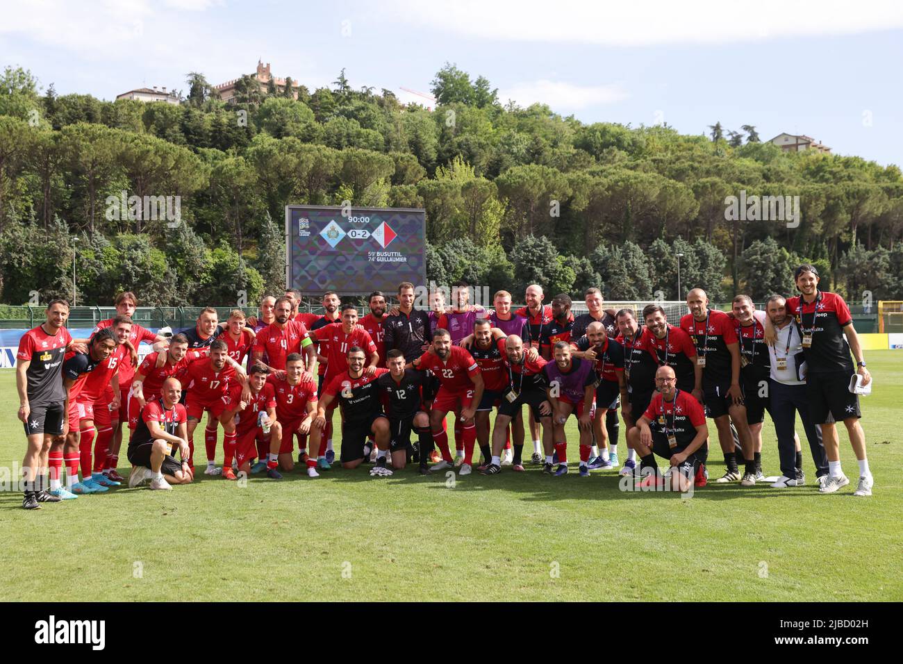 Serravalle, Italy, 5th June 2022. Malta players and staff pose for a ...