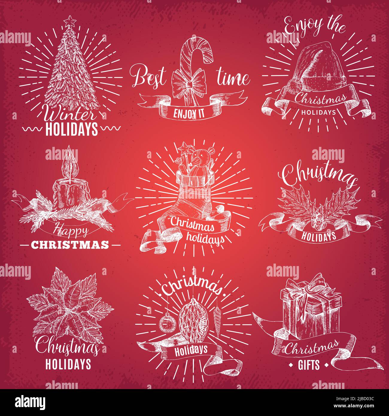 Christmas hand drawn isolated emblems with holiday decorations and ...