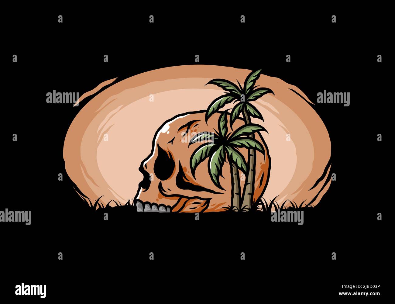 Skull skeleton head under coconut trees illustration design Stock ...