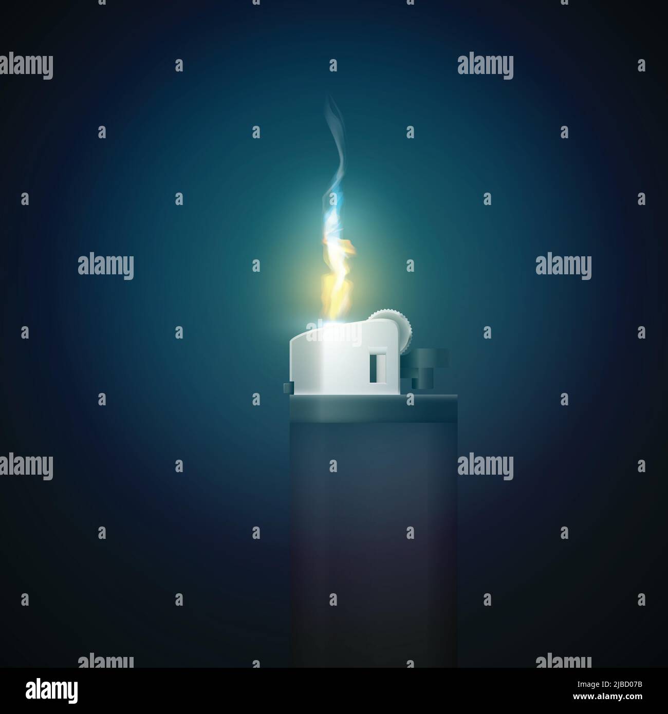 Realistic gas lighter template with burning flame on dark background ...