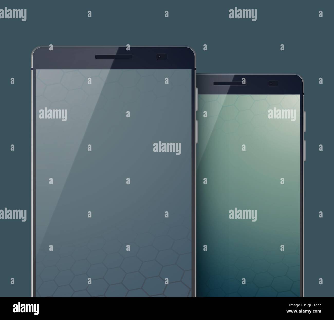Modern mobile design concept with two stylish black smartphones on gray ...