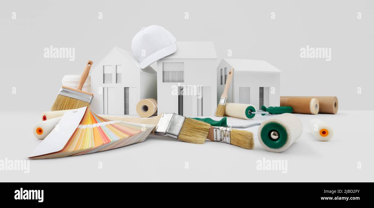house painter tools, brushes, paint rollers, paper masking tape and ...