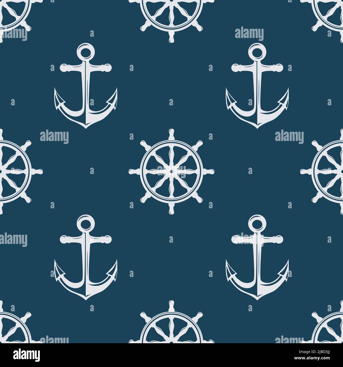 Vector Seamless Pattern with Hand drawn Anchor and Ship Helm, Wheel ...
