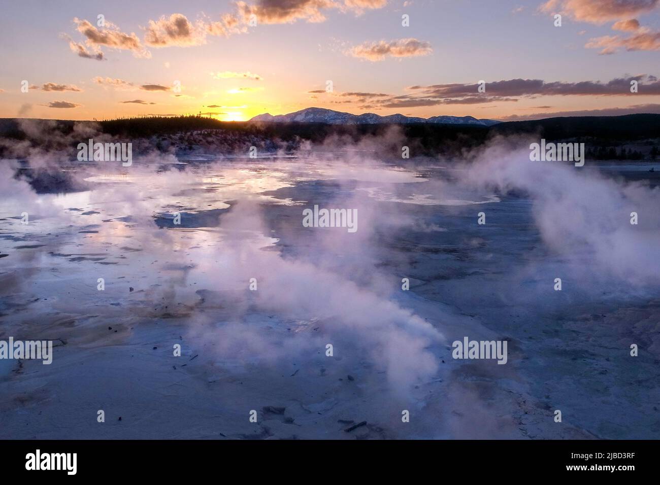 Sunset golden hour in Norris Geyser Basin area, Yellowstone National ...