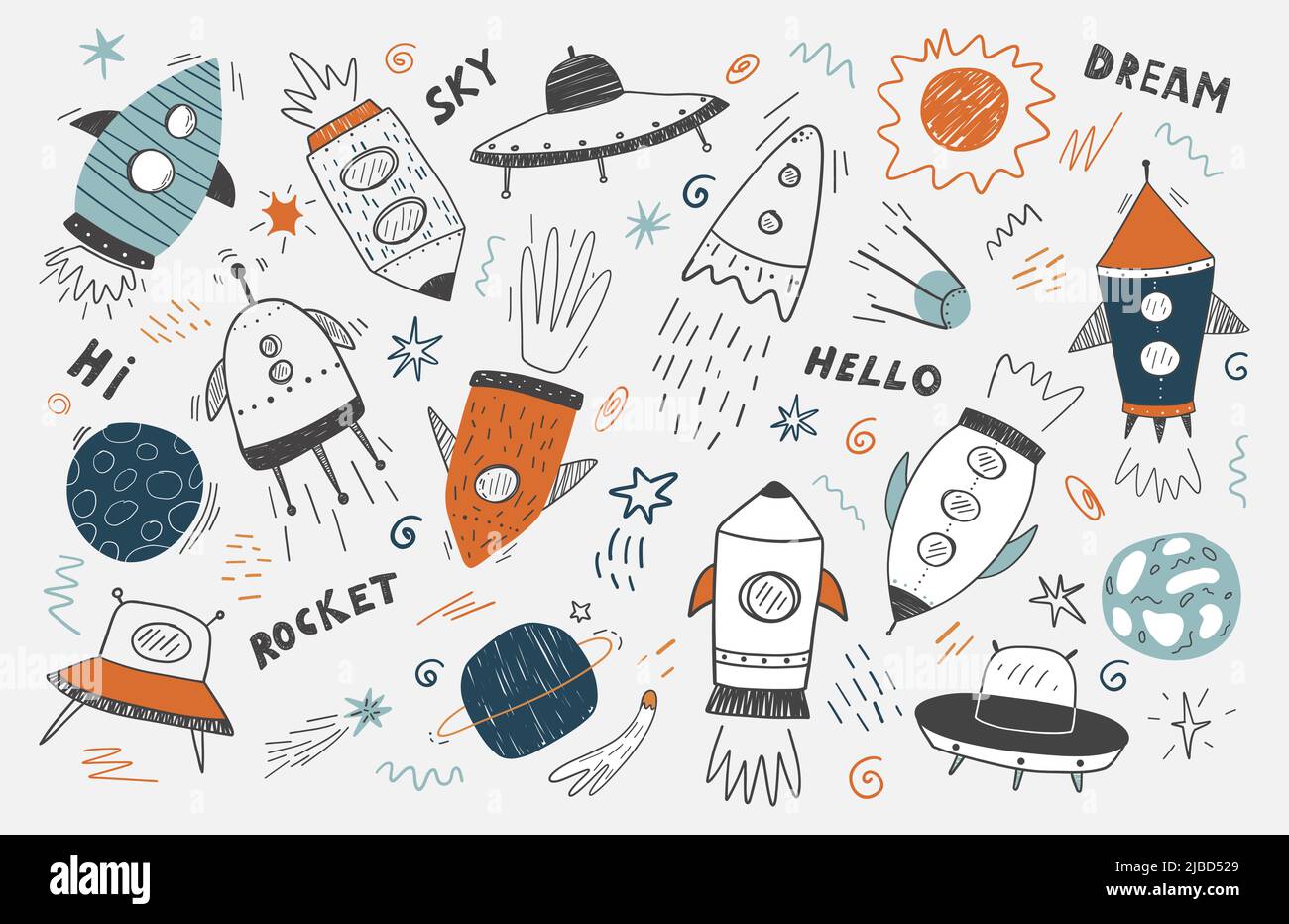 Cute doodle Space set, rocket, planet, ufo and more. Hand drawn kids ...